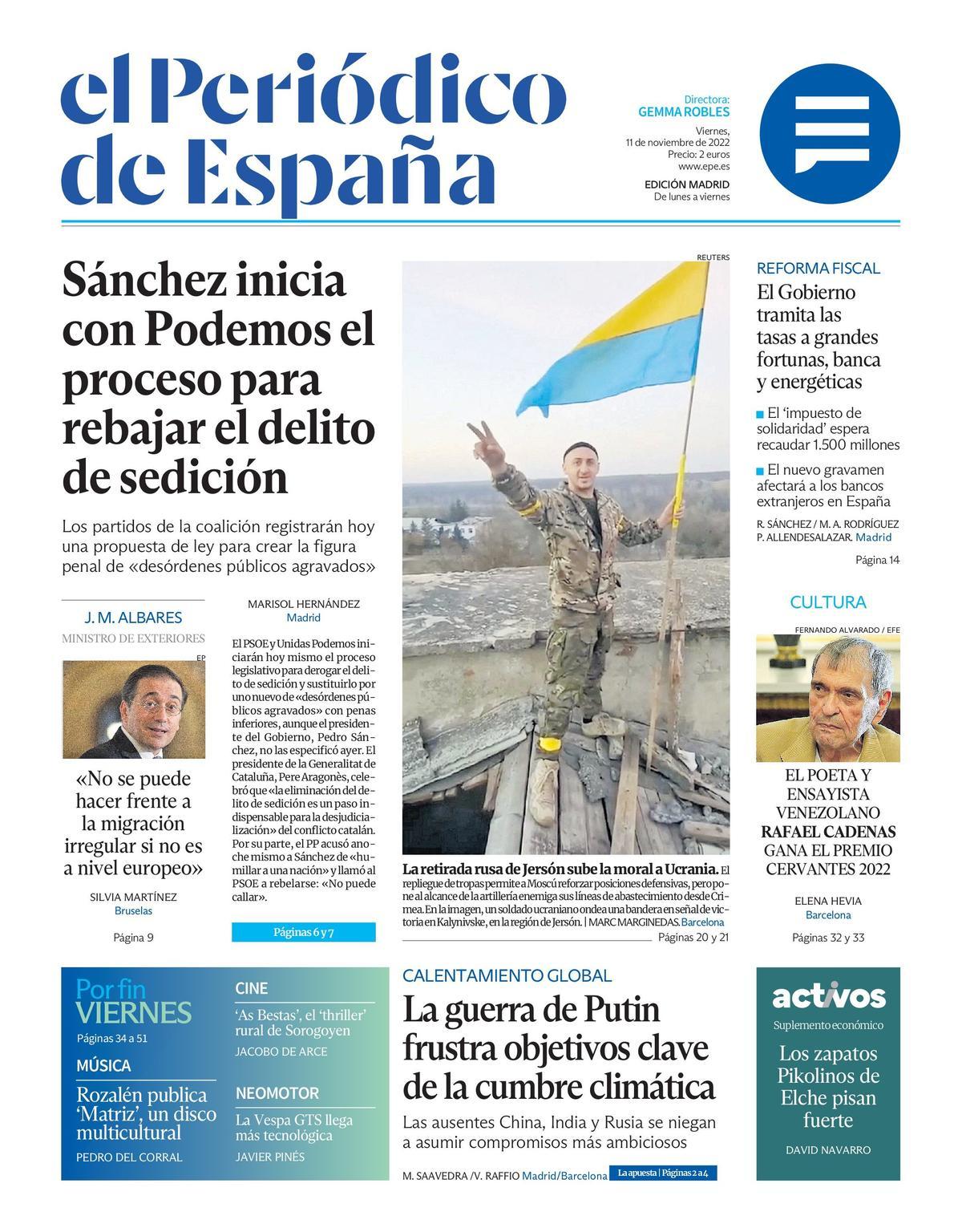 La portada de EL PERIÓDICO DE ESPAÑA, hoy viernes 11 de noviembre del 2022