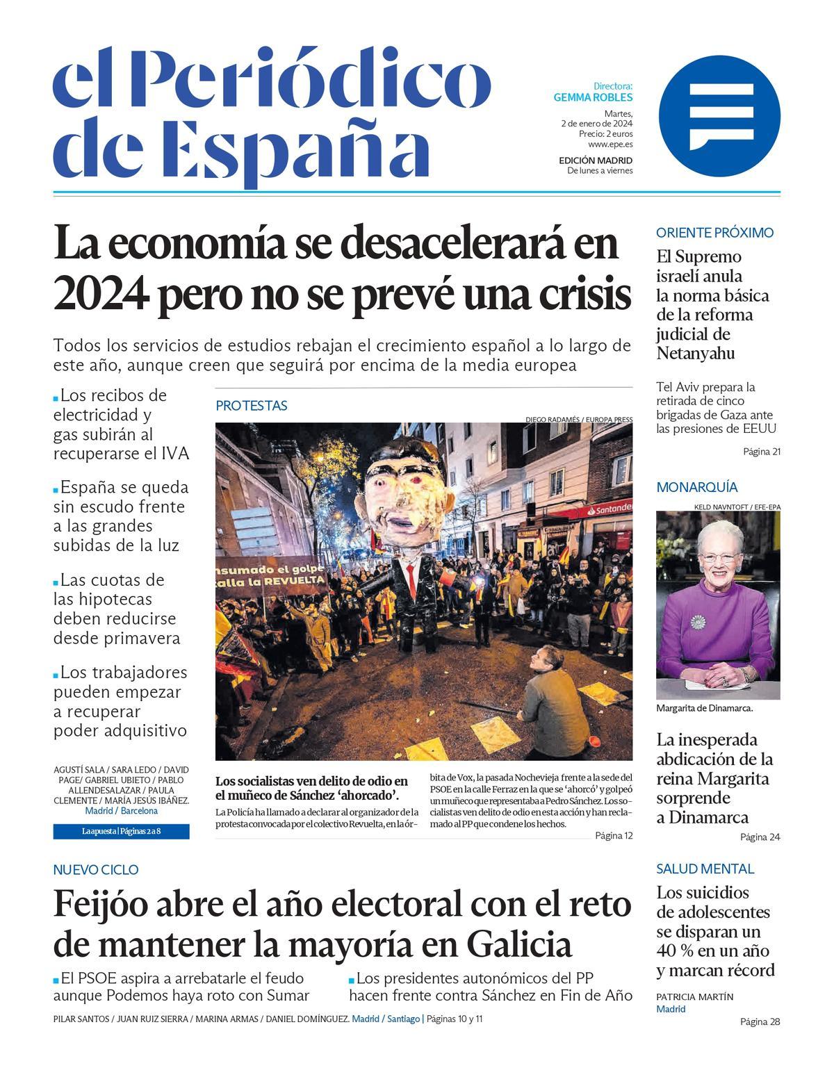 Portada de EL PERIÓDICO DE ESPAÑA del martes 2 de enero del 2024