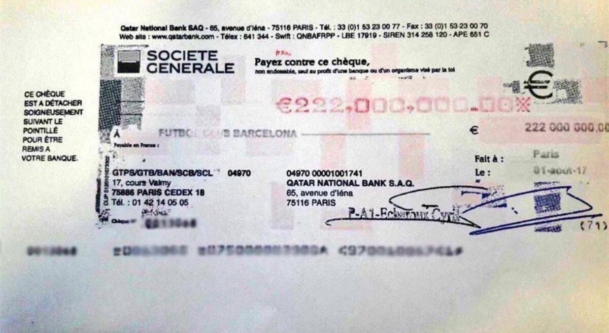 Barça - PSG | El cheque por el traspaso de Neymar Junior que cambió la ...