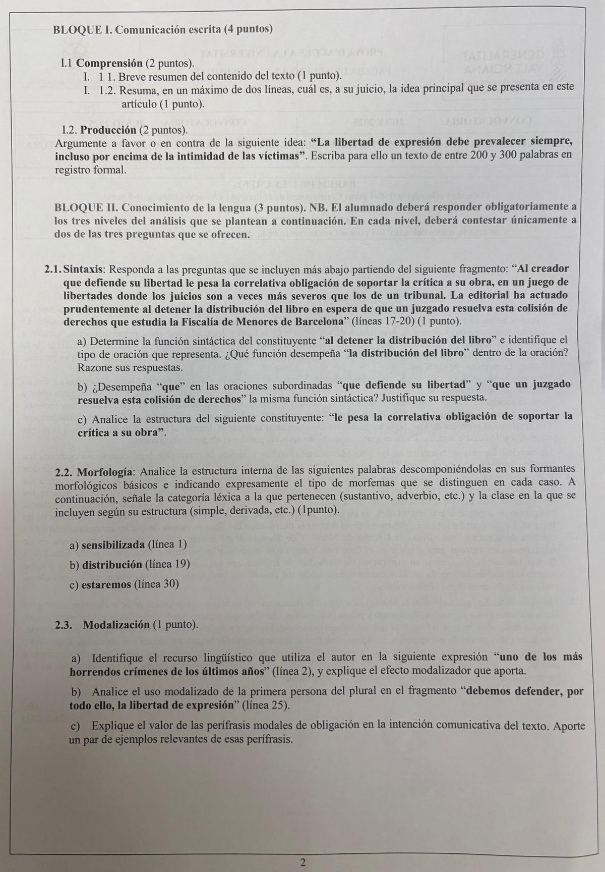 Consulta aquí el examen de Castellano de la PAU 2025