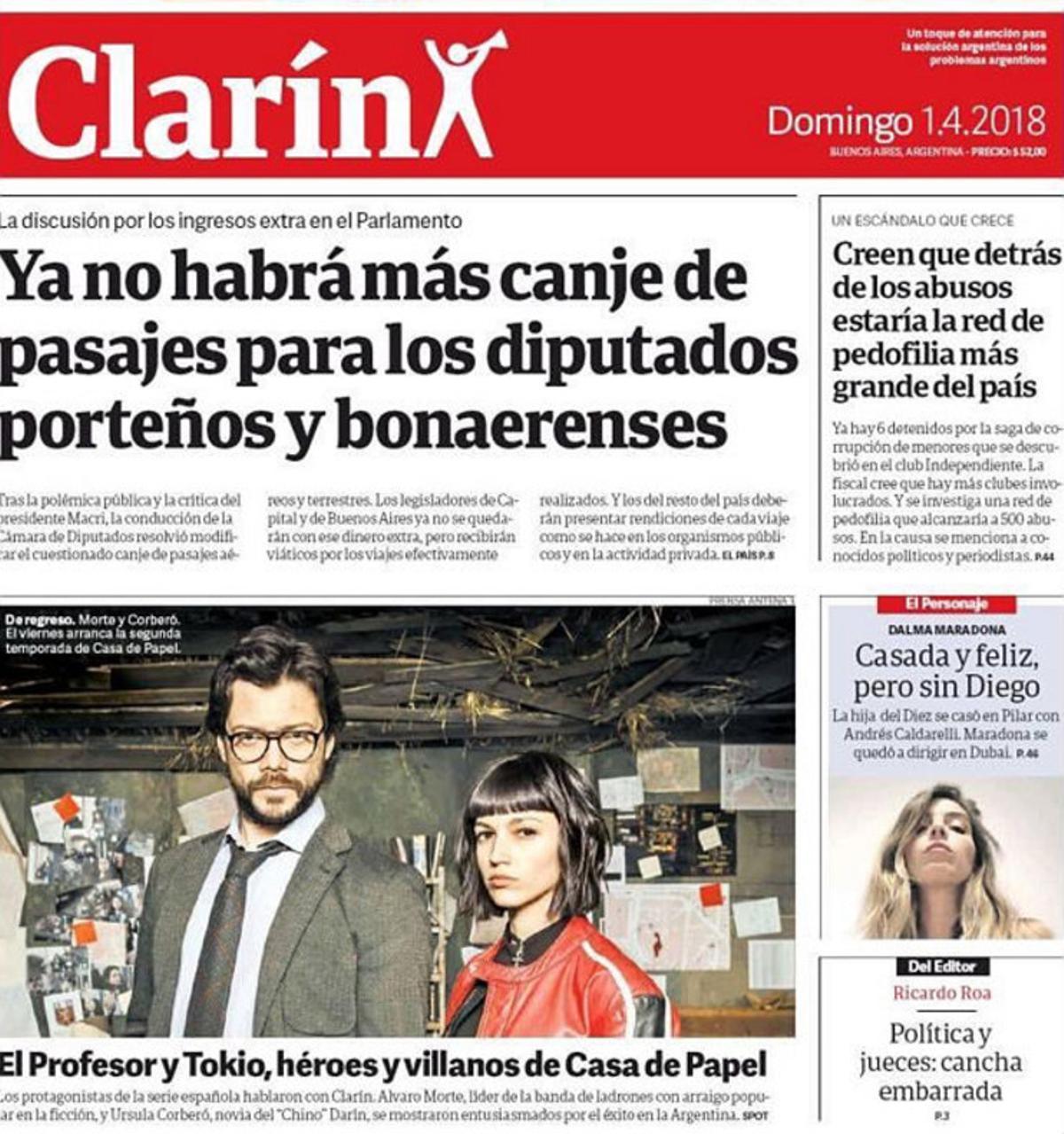 El diario argentino Clarín destaca en portada a La Casa de Papel
