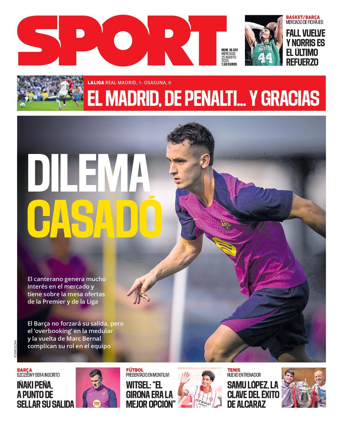 La portada de SPORT de hoy miércoles, 20 de agosto de 2025