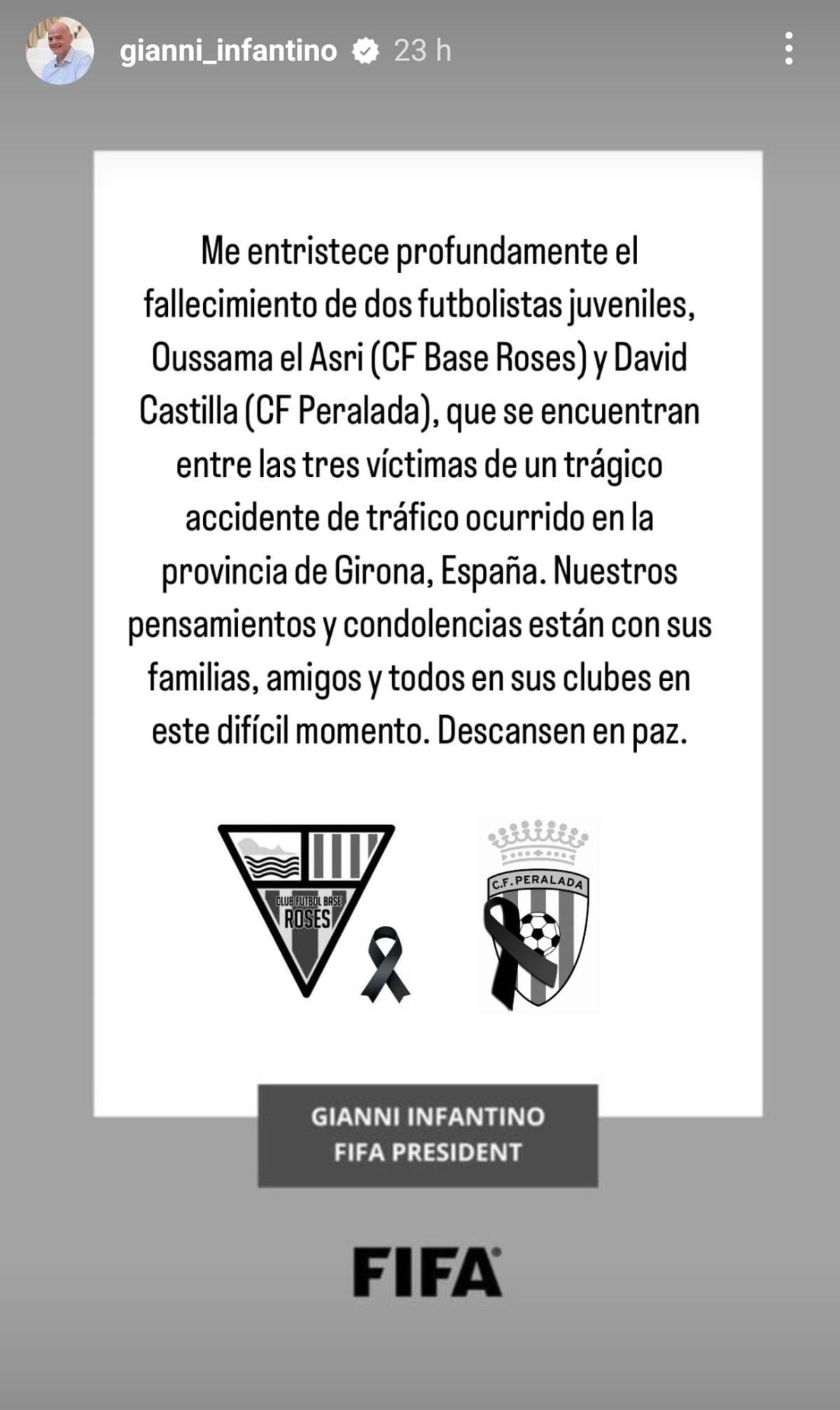 El president de la FIFA expressa el condol pels jugadors del Peralada i ...