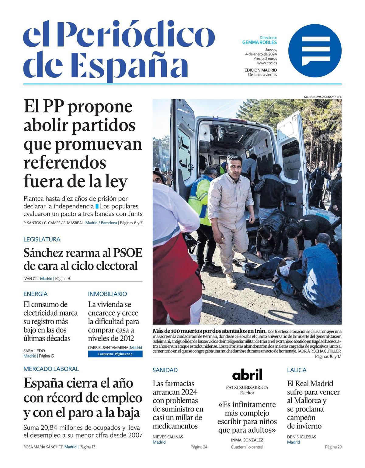 Portada de EL PERIÓDICO DE ESPAÑA del jueves 4 de enero del 2024