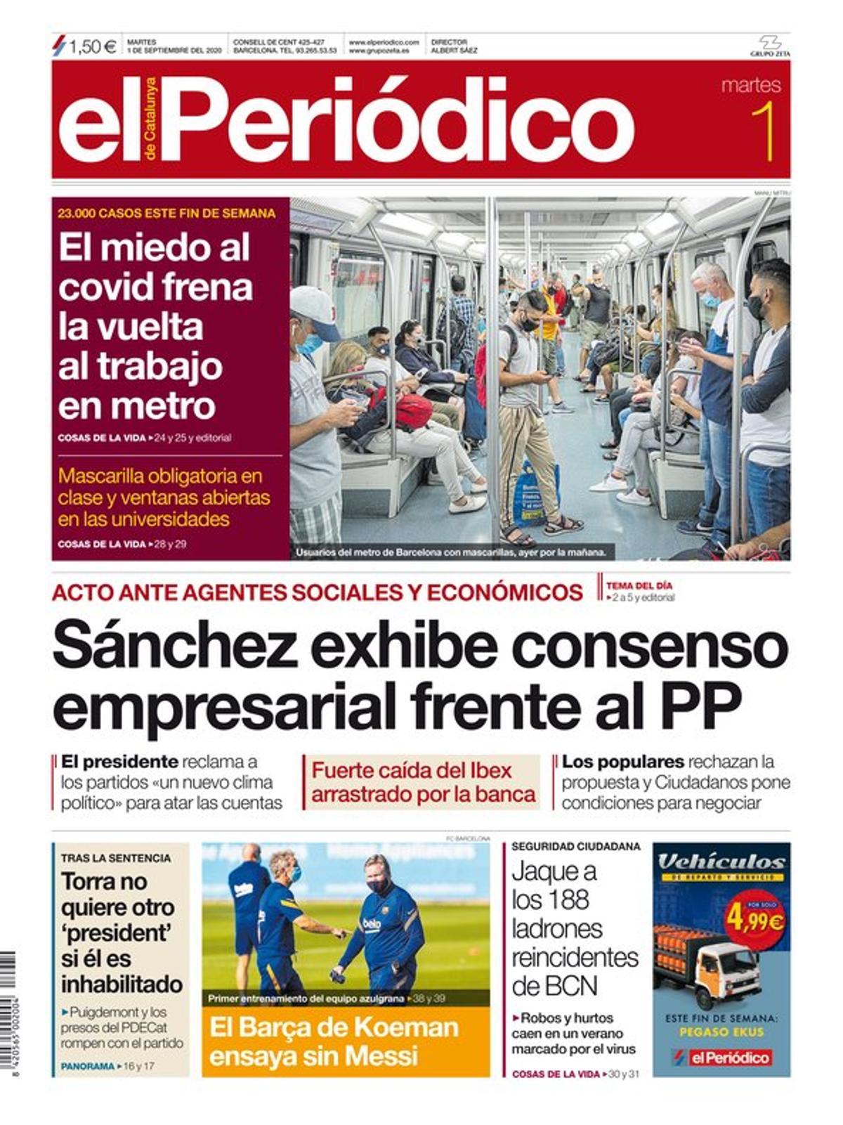 La portada de EL PERIÓDICO del 1 de septiembre del 2020
