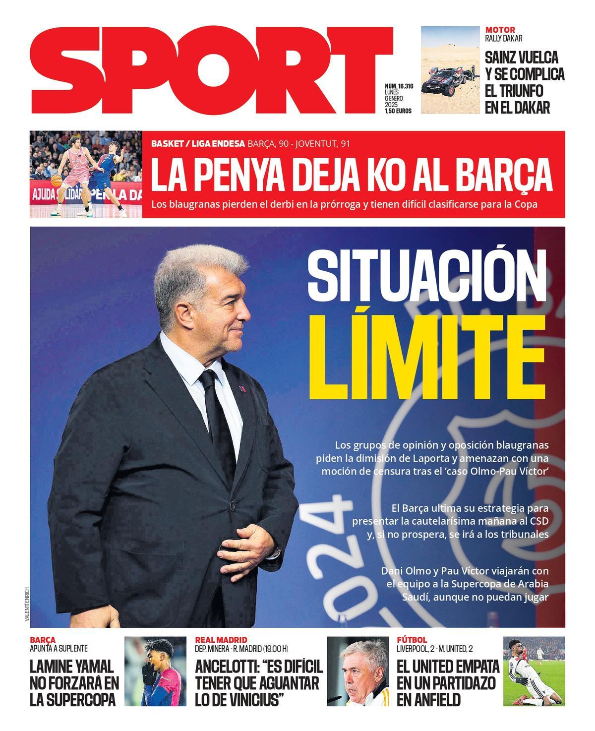 La portada SPORT de este lunes 06 de enero de 2025