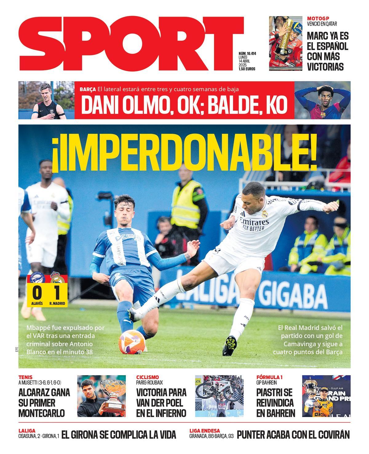 Comunicación | La portada de SPORT de hoy lunes, 14 de abril de 2025