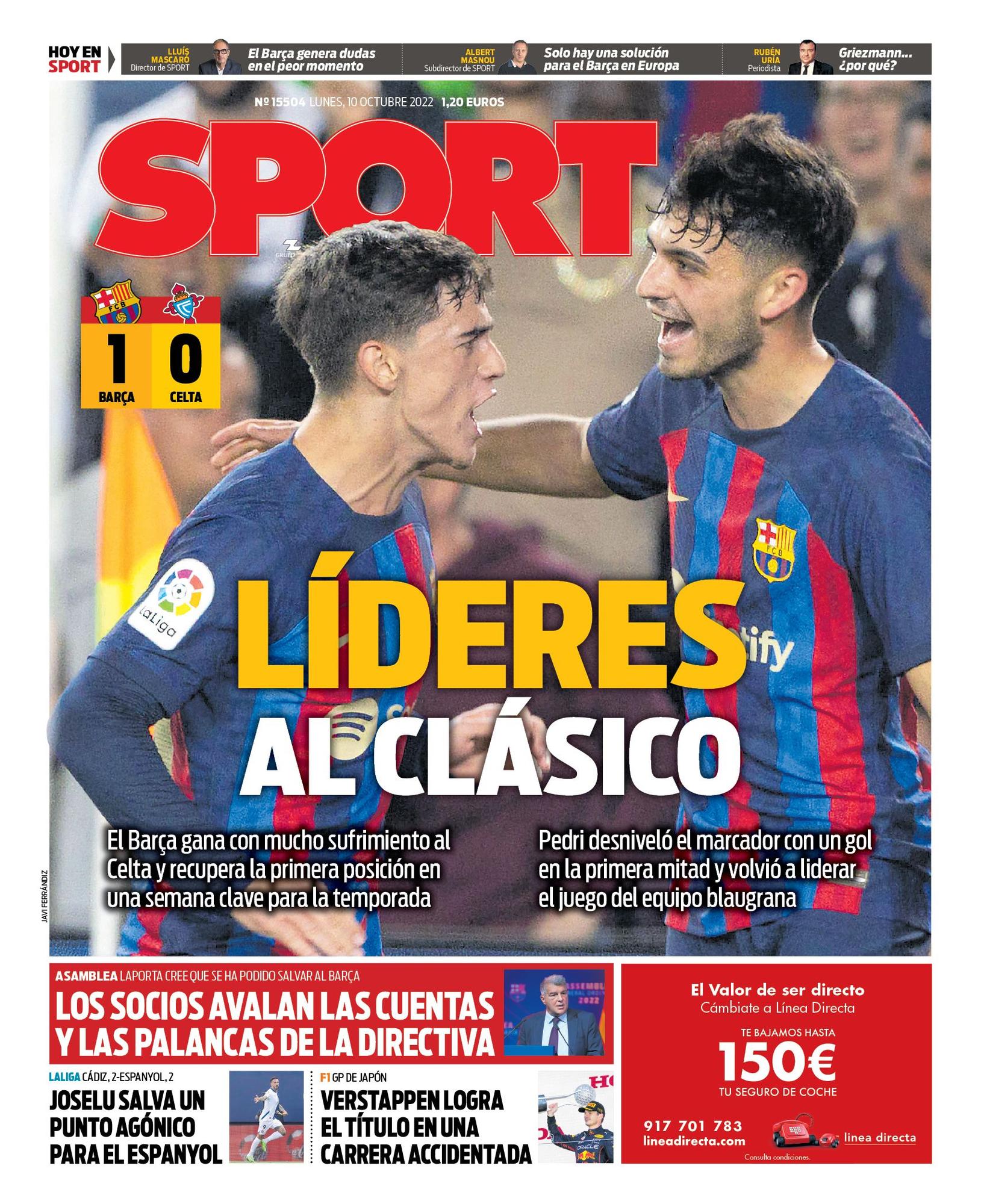 Portada SPORT | Esta es la portada de SPORT del lunes 10 de octubre de 2022