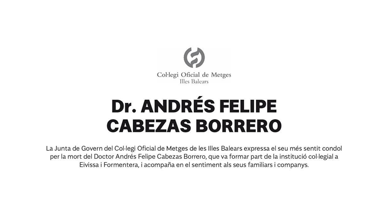 Esquela de Andrés Felipe Cabezas Borrero