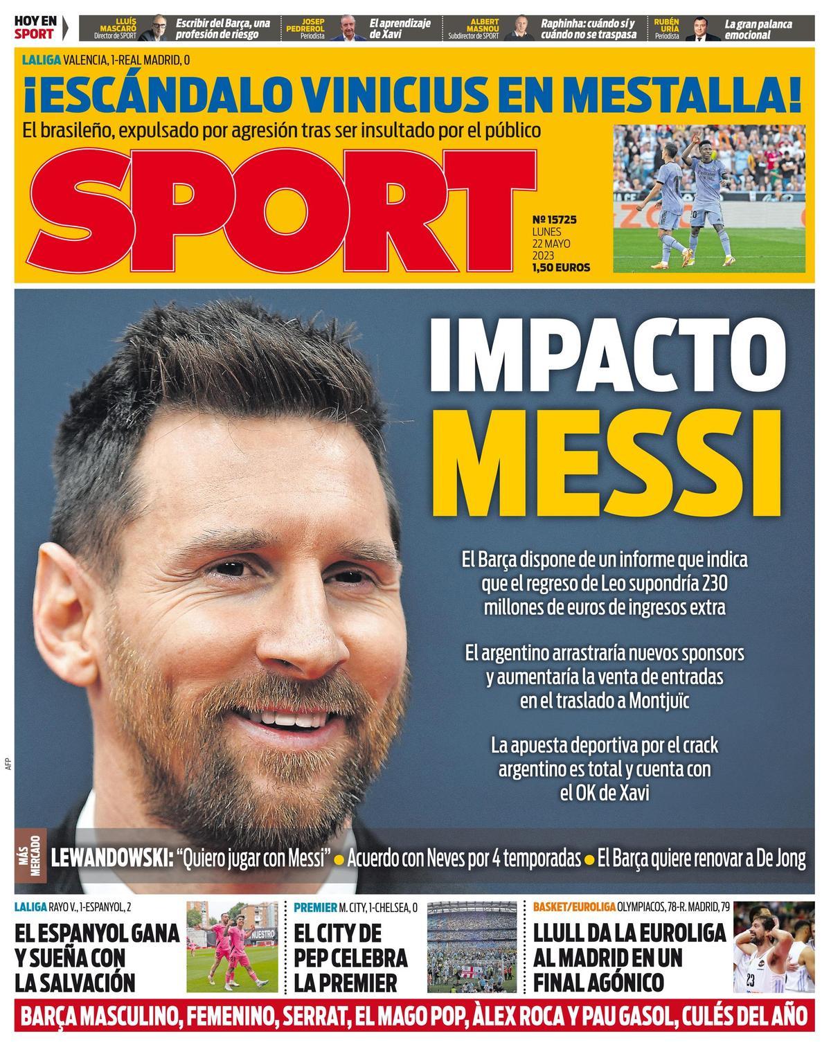 Esta es la portada de SPORT de hoy, lunes 22 de mayo de 2023