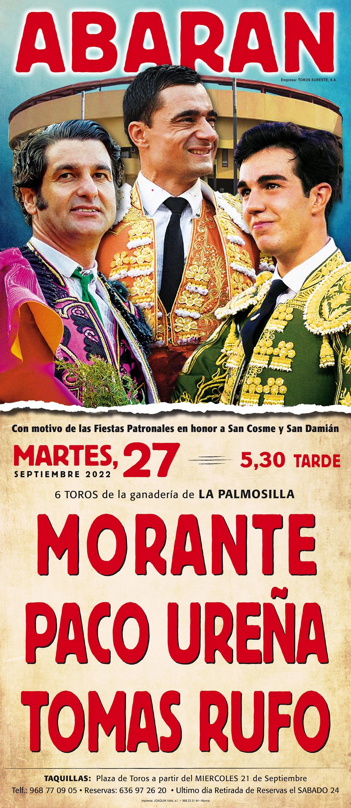Morante, Paco Ureña y Tomás Rufo, acartelados en Abarán