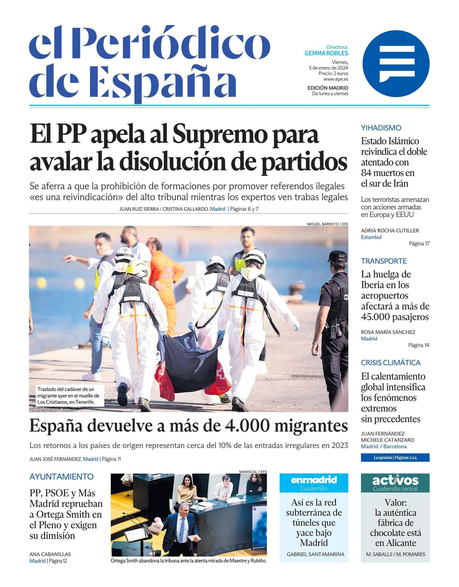 Portada de EL PERIÓDICO DE ESPAÑA del viernes 5 de enero del 2024