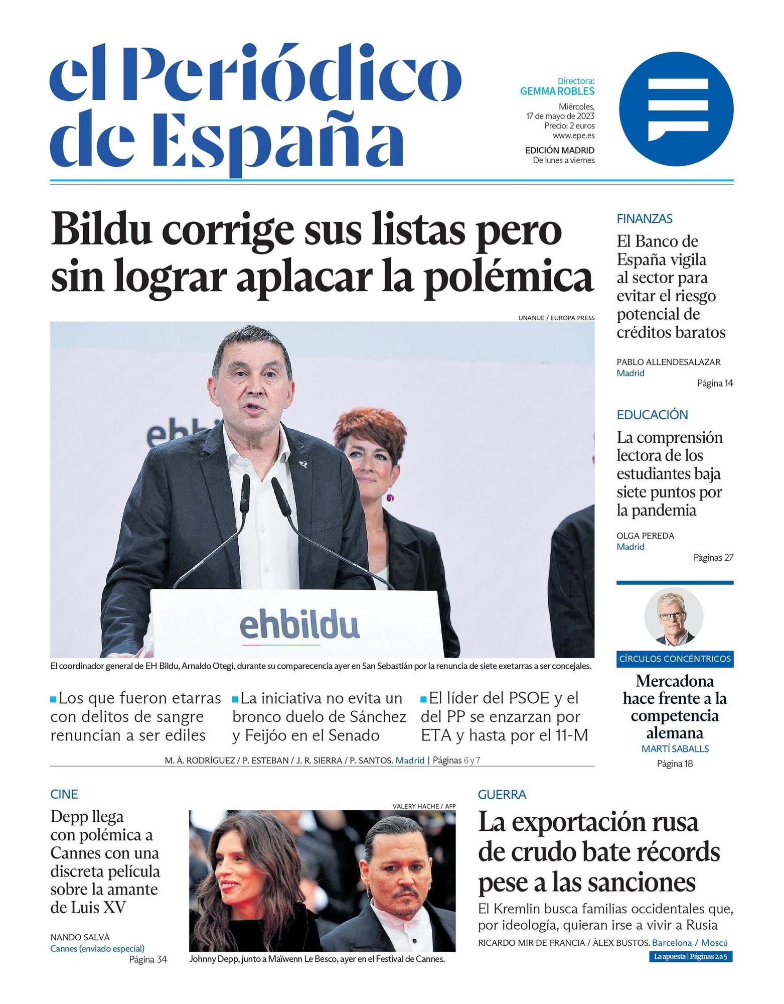 Portada de EL PERIÓDICO DE ESPAÑA del miércoles 17 de mayo del 2023.