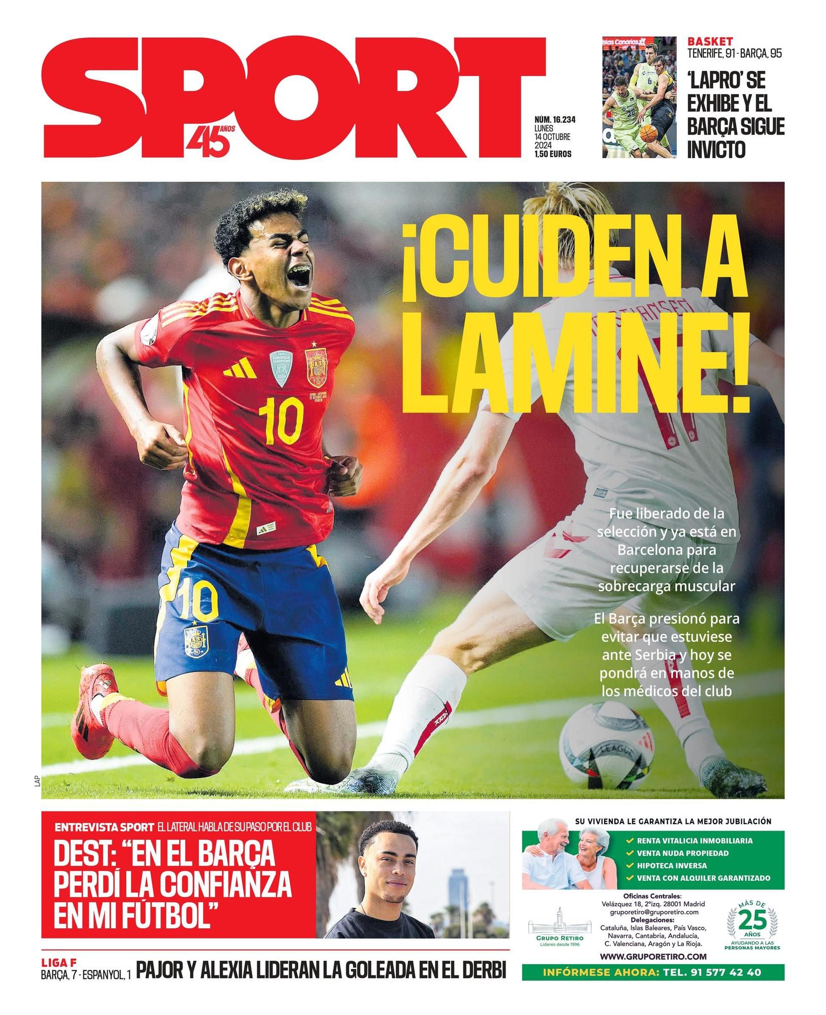 La portada de SPORT de hoy, lunes 14 de octubre de 2024