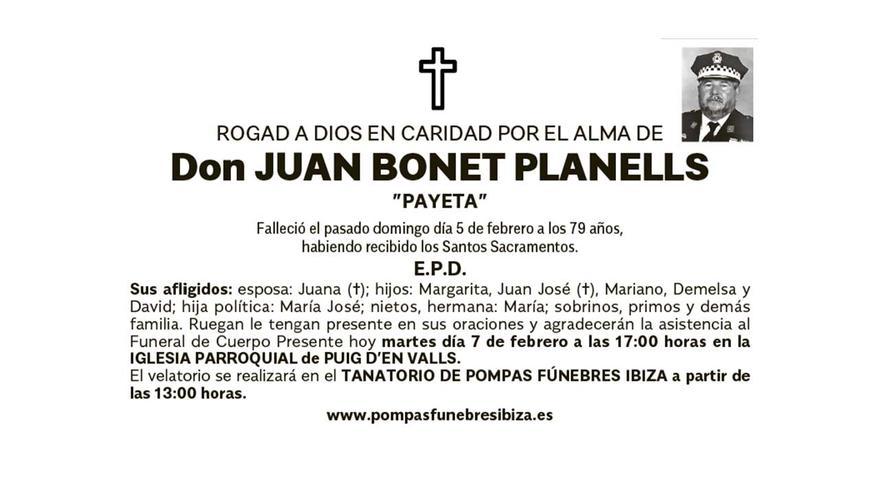 Esquela Juan Bonet Planells - Diario de Ibiza