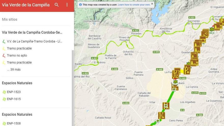 Google Maps incluye el recorrido de las vías verdes de Córdoba
