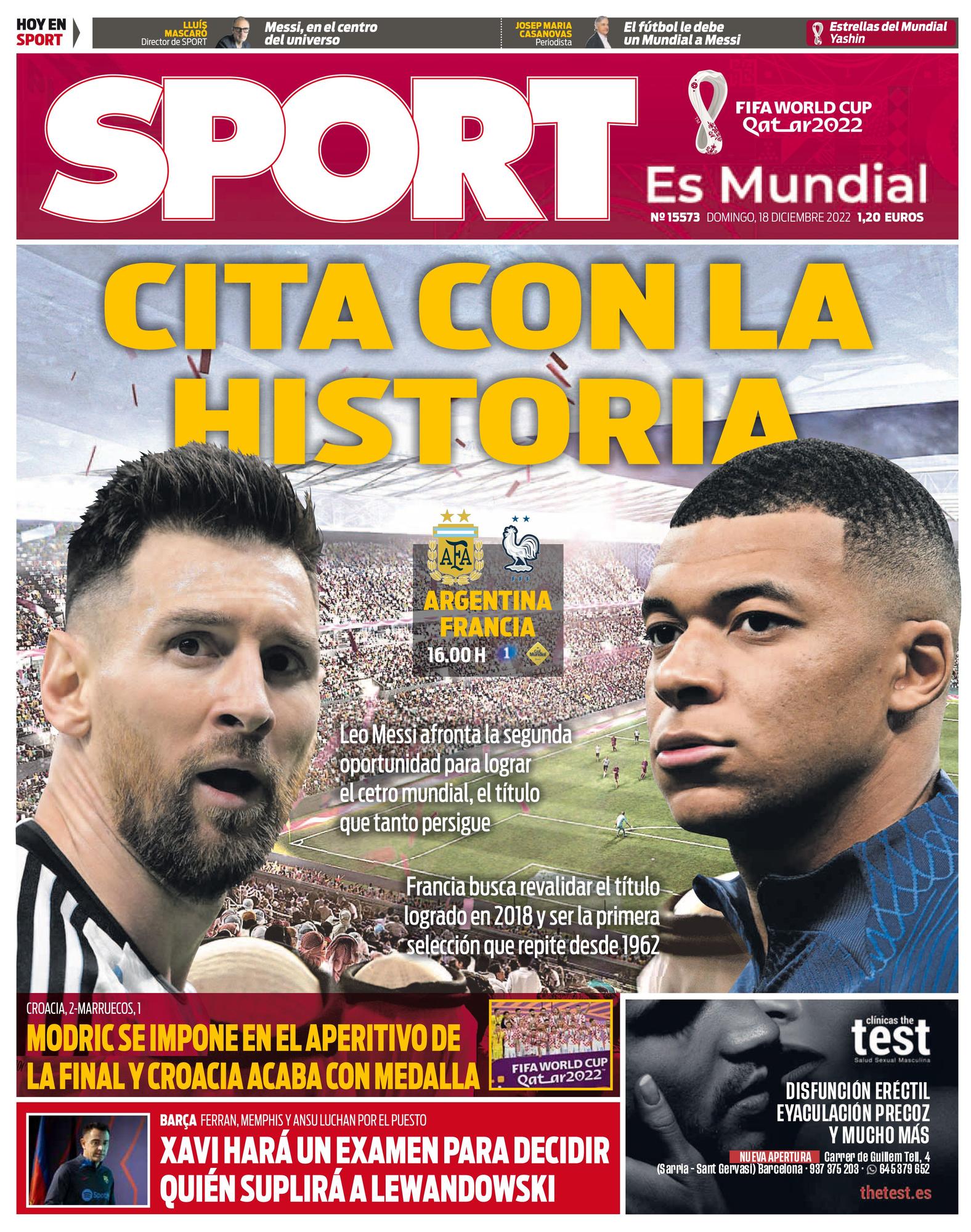 Esta es la portada de SPORT, hoy domingo 18 de diciembre