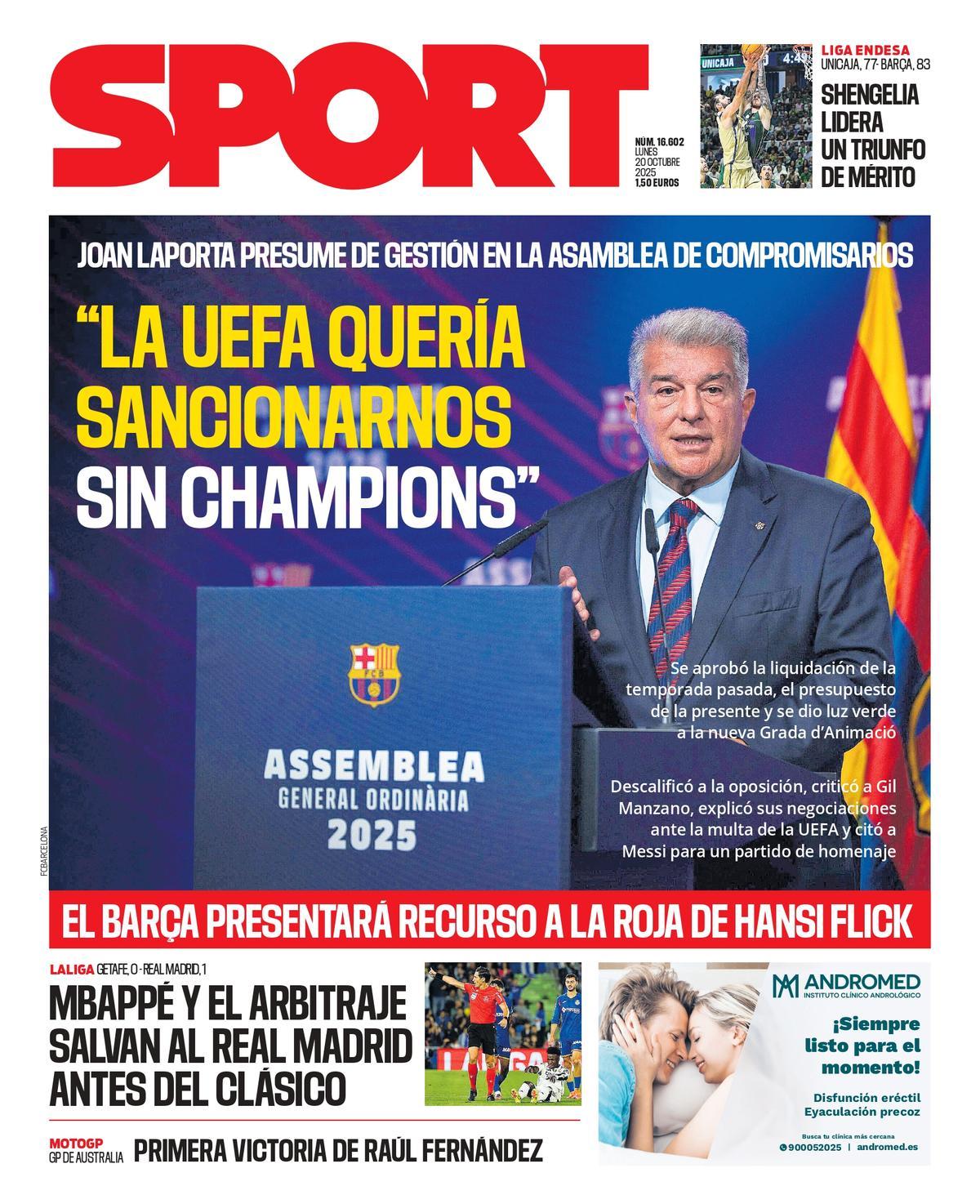 Comunicación | La portada de SPORT de hoy lunes, 20 de octubre de 2025