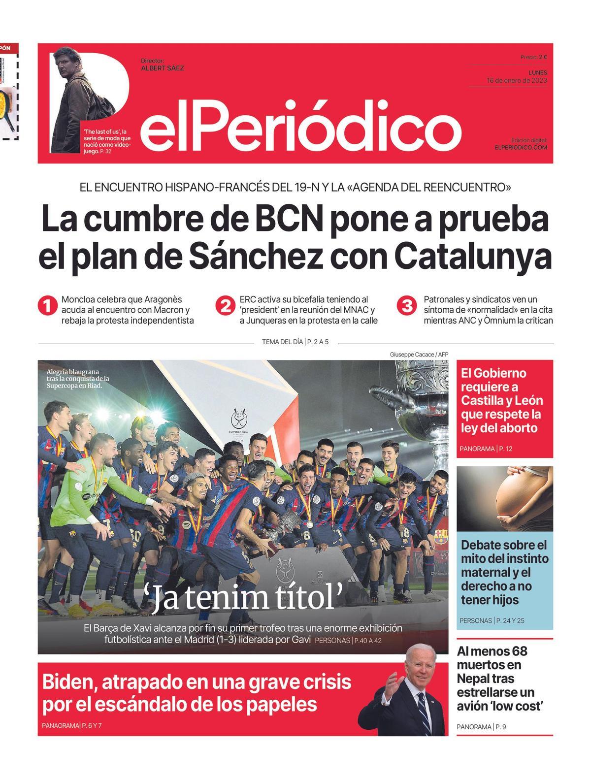 La portada de EL PERIÓDICO del 16 de enero de 2023 - El Periódico