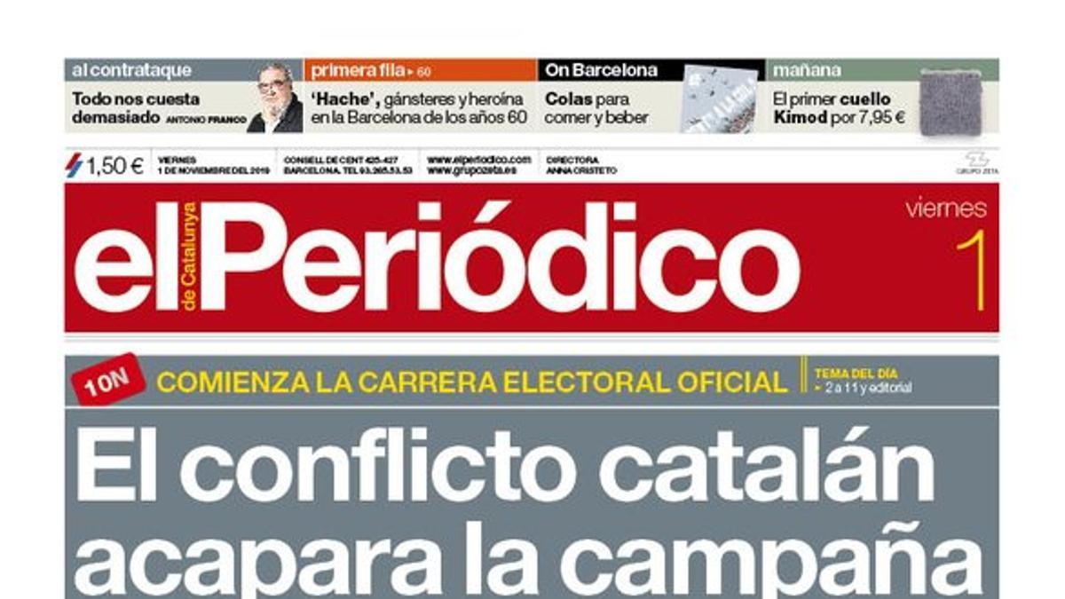 La portada de EL PERIÓDICO del 1 de noviembre del 2019