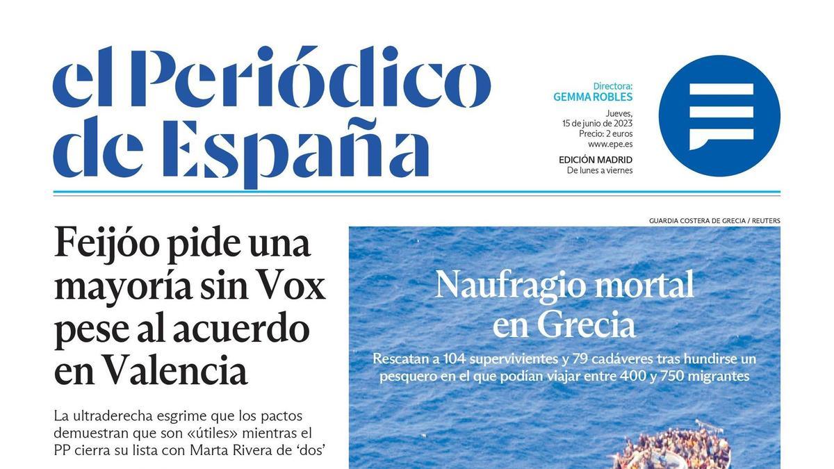 Portada de EL PERIÓDICO DE ESPAÑA del jueves 15 de junio del 2023
