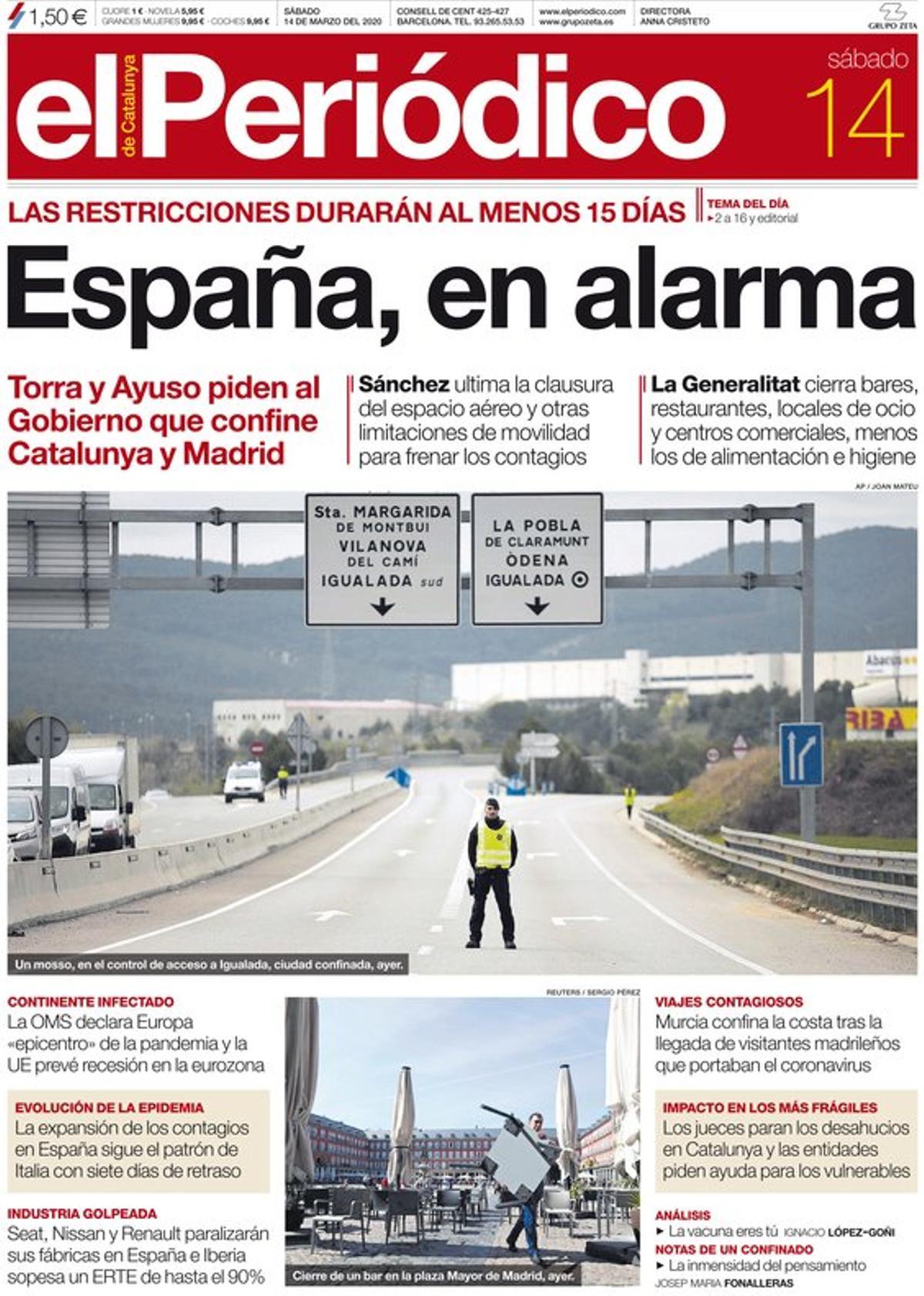 La portada de EL PERIÓDICO del 14 de marzo del 2020
