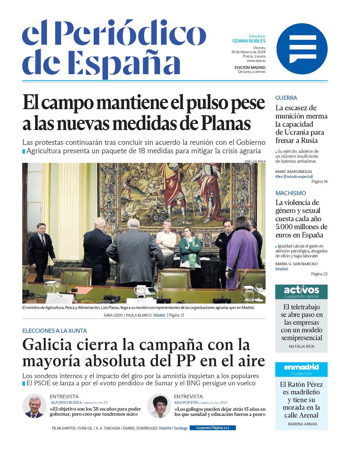 Portada de EL PERIÓDICO DE ESPAÑA del viernes 16 de febrero del 2024