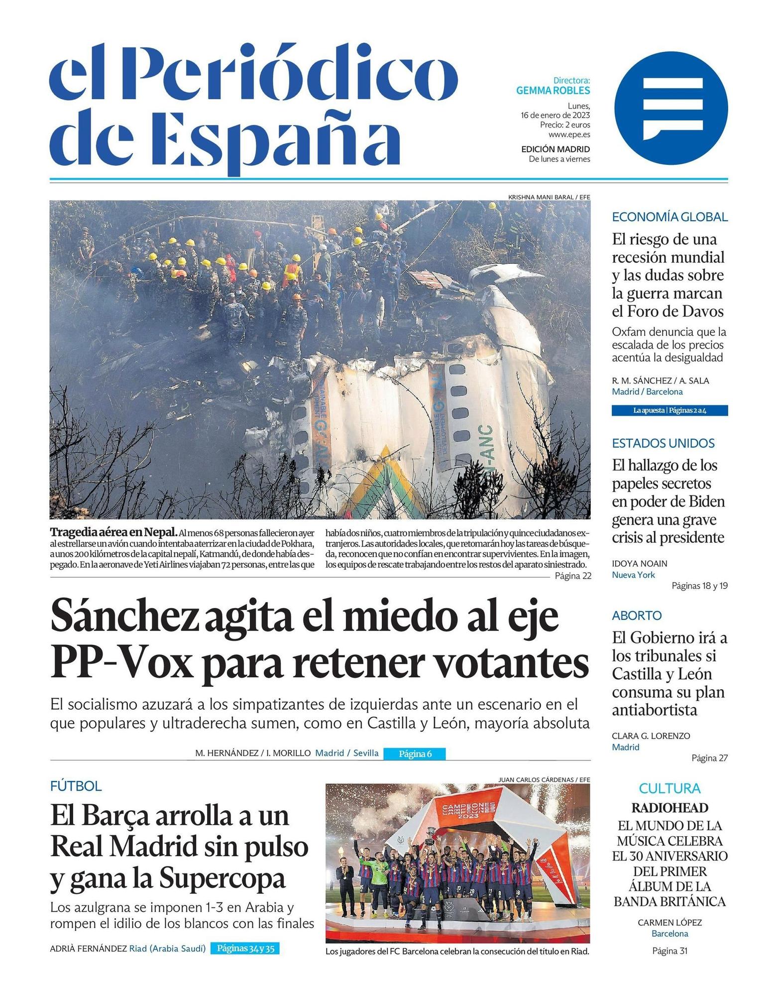 EL PERIÓDICO DE ESPAÑA de hoy lunes 16 de enero de 2023
