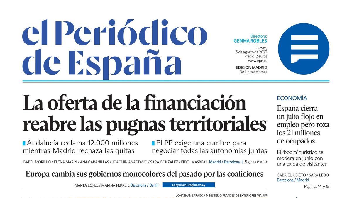 Portada de EL PERIÓDICO DE ESPAÑA del jueves 3 de agosto del 2023