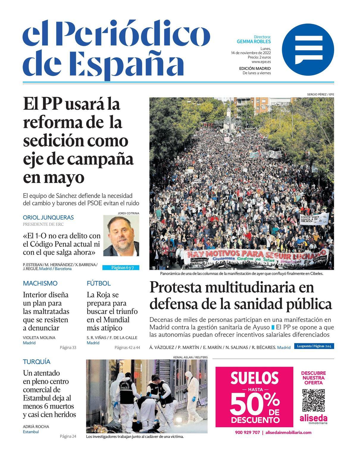 EL PERIÓDICO DE ESPAÑA de hoy lunes 14 de noviembre de 2022