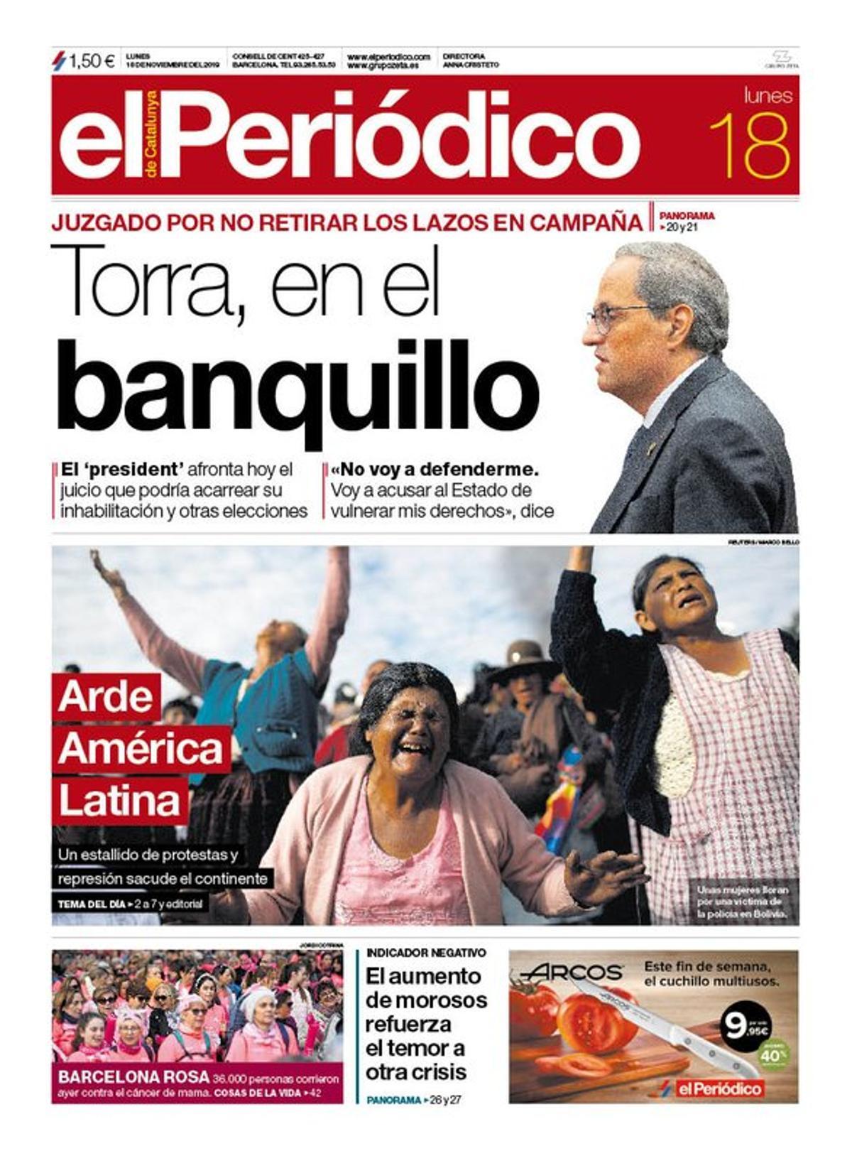 La portada de EL PERIÓDICO del 18 de noviembre del 2019