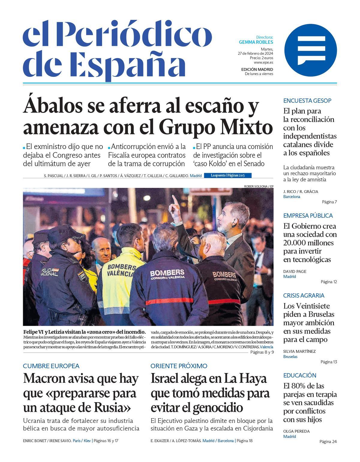 Portada de EL PERIÓDICO DE ESPAÑA del martes 27 de febrero del 2024
