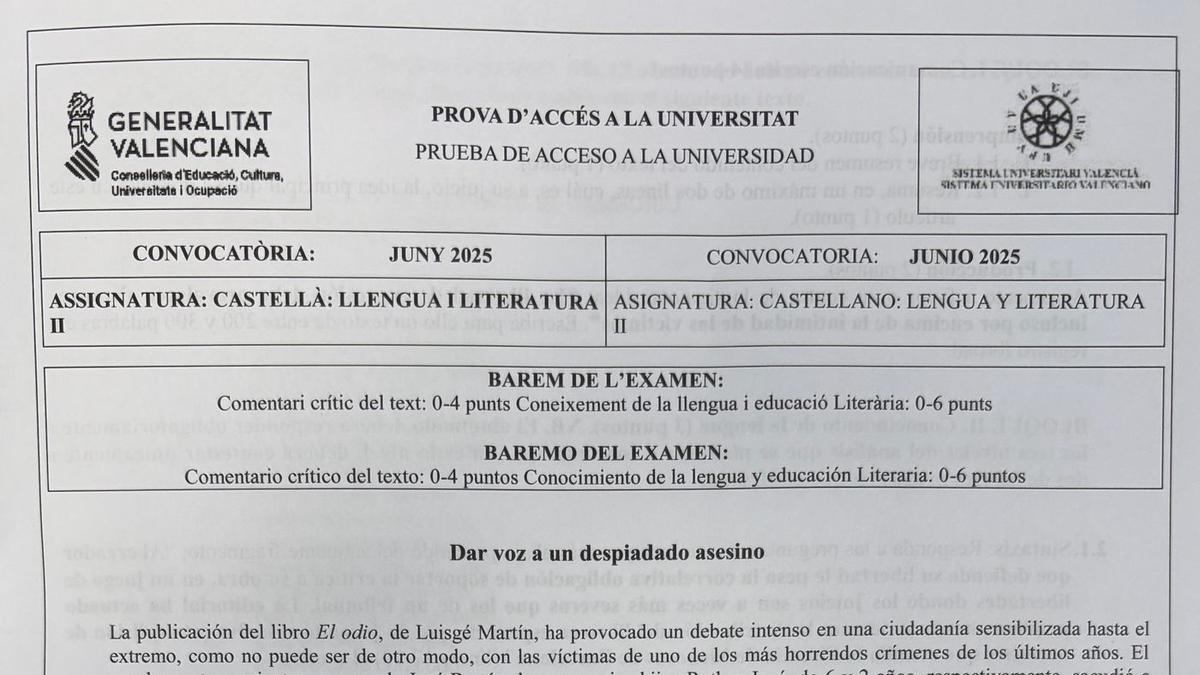 Consulta aquí el examen de Castellano de la PAU 2025