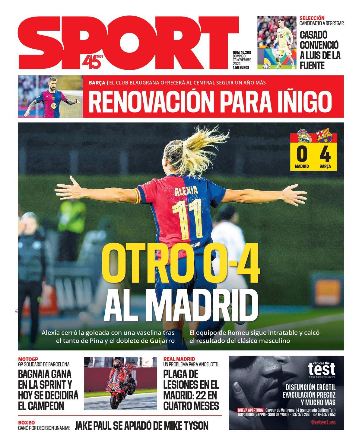 Esta es la portada SPORT de hoy, domingo 17 de noviembre