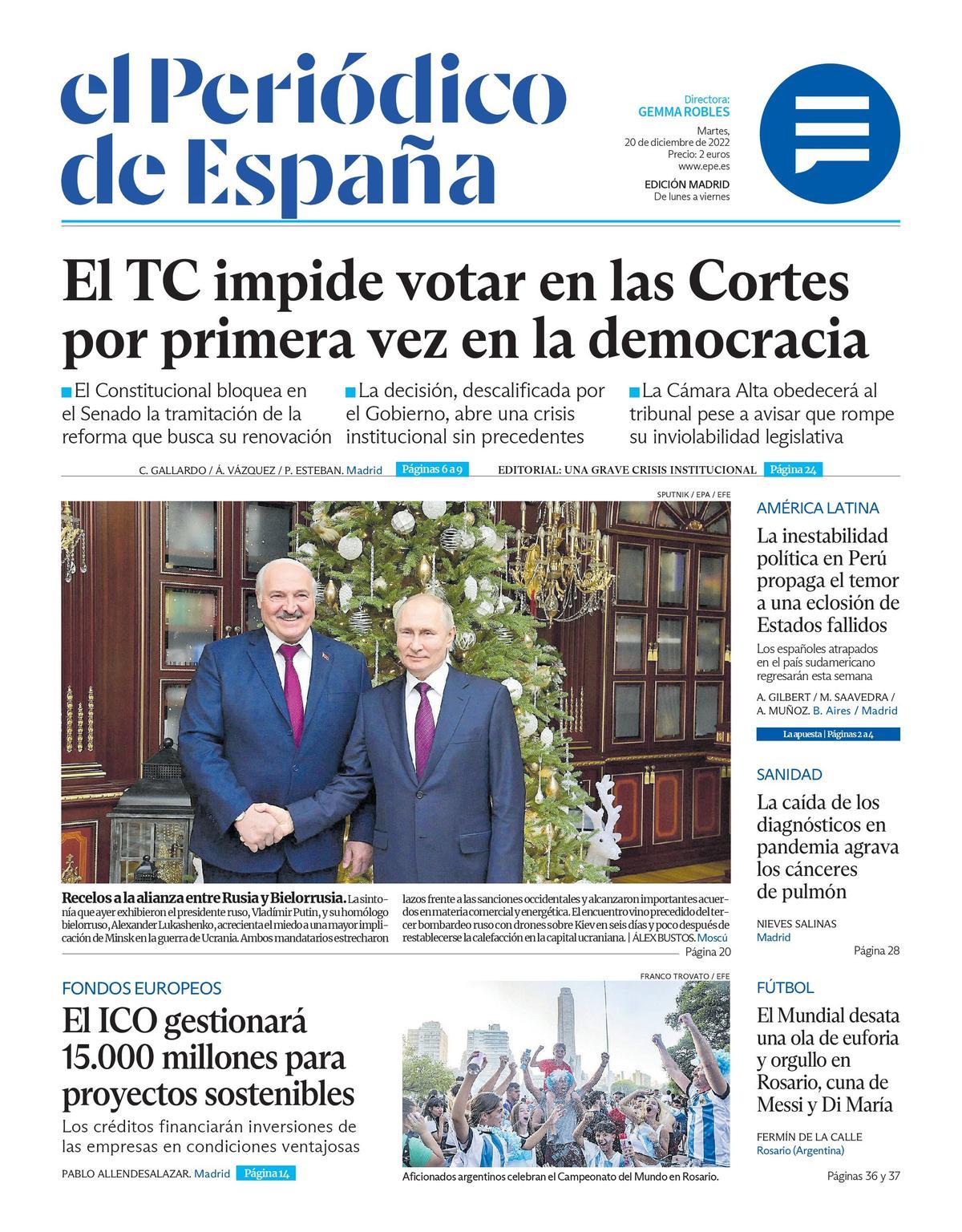 EL PERIÓDICO DE ESPAÑA de hoy martes 20 de diciembre de 2022