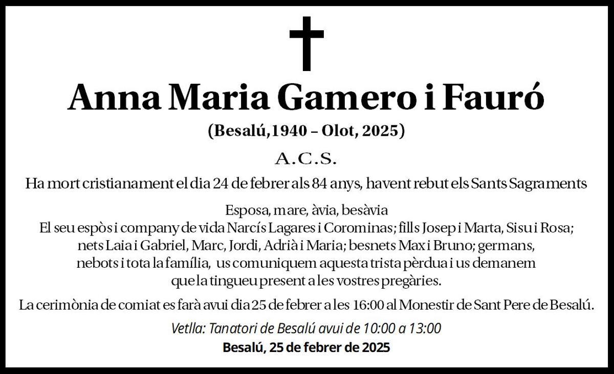 DEFUNCIONS | Necrològiques del 25 de febrer de 2025